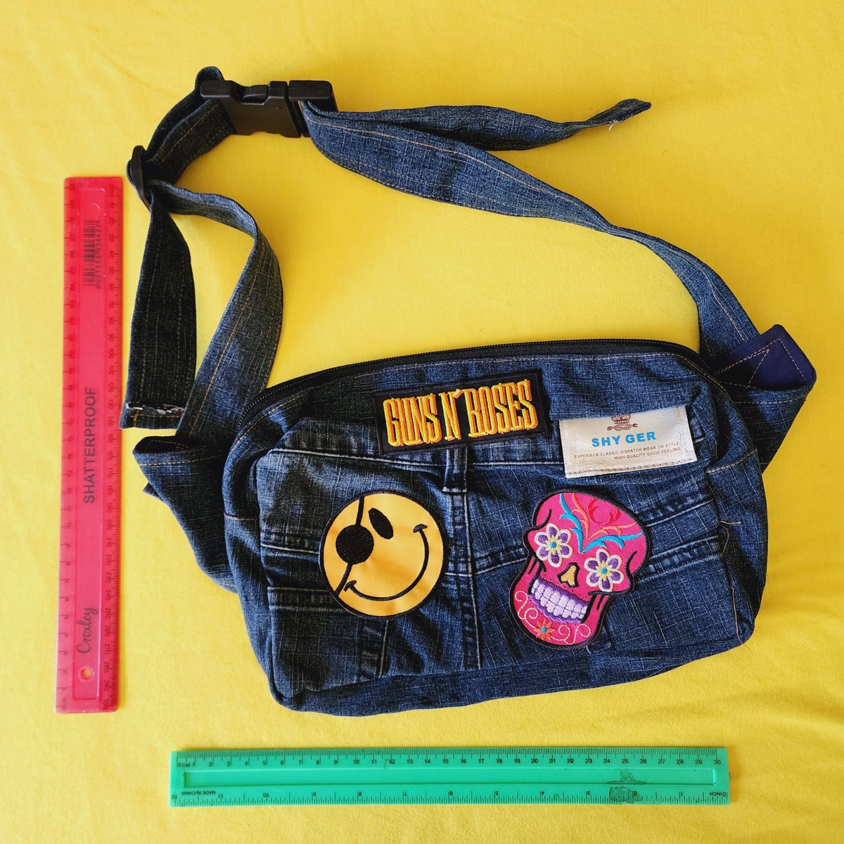 Recycled Denim moonbag with patches